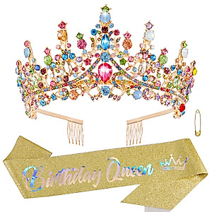 ATODEN Birthday Queen Tiara Crown Sash Tiaras and Crowns for Women Girls Crystal Princess Tiara Rhinestone Headbands Quinceanera Crown Multicolor Headpieces Happy Birthday Decorations