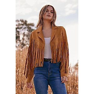 PRETTYGARDEN Women's Fringe Faux Suede Leather Jackets 2024 Fashion Tassel Motorcycle Cropped Coats (Brown Yellow,Large)