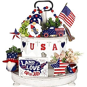 10 Pcs Patriotic Tiered Tray Decor Bundle 4th of July Wood Signs Mini Signs American Star Decor Veterans Day Red White Blue Decorations for Independence Day Decor (Cute Style)