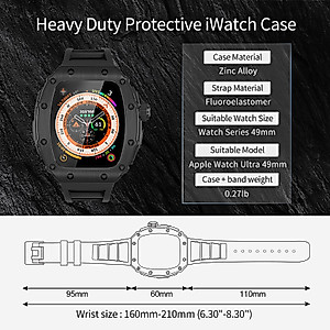 Luxury Case for Apple Watch FKM Band 49mm, Rugged Bumper Metal Cover + Built-in Glass + Fluoroelastomer Strap for Men's Heavy Duty iWatch Series Ultra 2 49mm Protective Case (49mm, Black)
