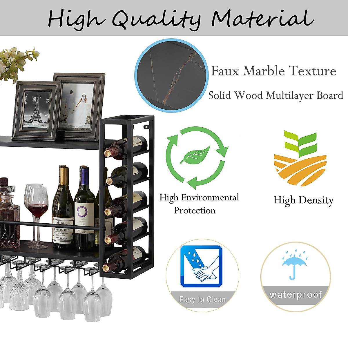 GOLASON Wall Mounted Wine Rack with Glass Holder, Metal Bottle Holder Wine Storage Display Rack for Home Bar Dining Room Kitchen (31.5 Inch, Black)