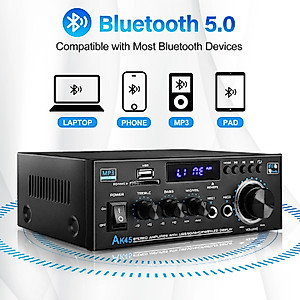AK45 Home Audio Power Amplifier with Bluetooth, 100Wx2 Audio Stereo Receiver, Home Amplifiers w/FM Radio USB, AUX, RCA, SD for Home Theater Speakers Audio Stereo, Studio