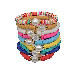 Pingyongchang 10 Pcs Friendship Bracelets Boho 6MM Beades Bracelet for Women Polymer Clay Rainbow Pearl Bracelet Elastic Rope Heishi Bracelet Set Summer Beach Jewelry