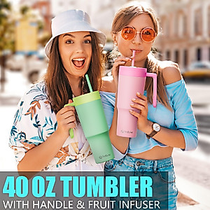 Fimibuke 40 oz Tumbler with Handle & Fruit Infuser, Stainless Steel Vacuum Insulated Cup with Lid & Straw, Water Infusion Bottle Cupholder Friendly Travel Mug Mothers Day Gifts for Mom Grandma Auntie