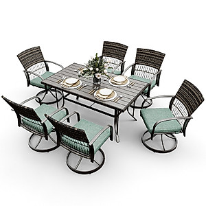 Pamapic 7 Piece Patio Dining Set for 6,Wicker Outdoor Furniture Set for Backyard Garden Deck Poolside with Iron Slats Table Top,6 Cushions Swivel Rocker Chairs,Removable Cushions(Green)