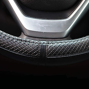 Valleycomfy Steering Wheel Covers Universal 15 inch - Genuine Leather, Breathable, Anti Slip & Odor Free (Black with Black Lines, M(14" 1/2-15" 1/4))