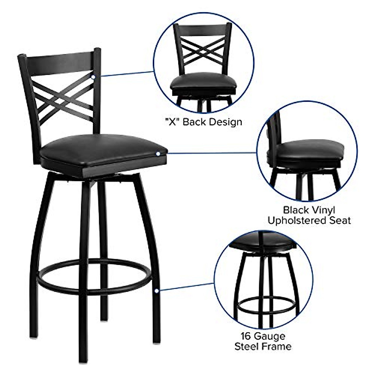 Flash Furniture Hercules Series "X" Back Metal Restaurant Barstool, Modern Upholstered Armless Bar Height Chair for Restaurants and Kitchens, Black