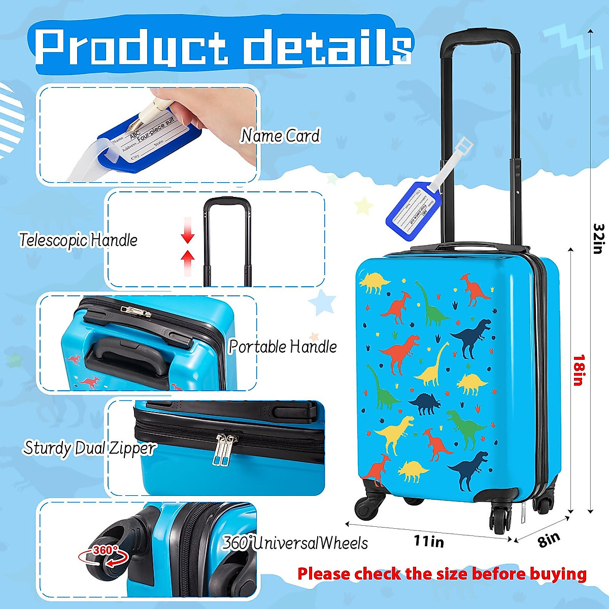 Redbaker 6 Pcs Kids Luggage Set 18 Inch Kids Rolling Luggage Gift for Christmas Kids Suitcase for Girls Boys Kids Suitcase(Dark Blue, Dinosaur Style)