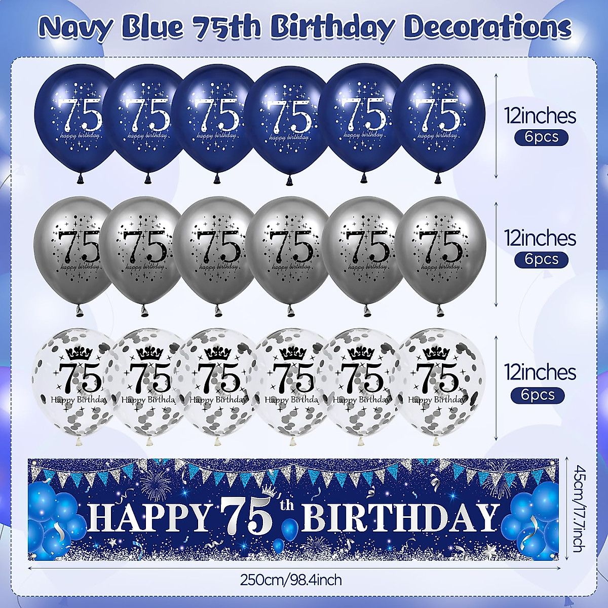 RUMIA Blue 75th Birthday Decorations for Men Women, Navy Blue Silver Happy 75th Birthday Yard Banner, Blue 75th Birthday Balloons for 75th Birthday Anniversary Party Decorations Supplies (A9143)