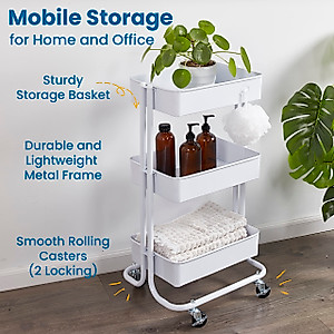 ECR4Kids 3-Tier Metal Rolling Utility Cart, Multipurpose Storage, White