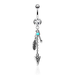 Forbidden Body Jewelry Surgical Steel Clear Crystal Tribal Feather and Arrow Charms Synthetic Turquoise Dangle Belly Ring