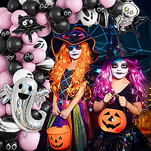 Halloween Balloon Garland Kit, GREMAG Halloween Decorations with Black Macaron Pink Agate Black Eyes Ghost Balloon, BOO Bat Skull Ghost Aluminum Film Balloon, 88 Pcs Set Halloween Party Favors for Kid