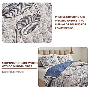 Joyreap 2 Pieces Microfiber Quilt Set, Botanical Blue Leaves on Light Gray Reversible Design, Bedspread Bed Cover for All Season, 1 Quilt and 1 Pillow Sham (Twin, 68x86 inches)
