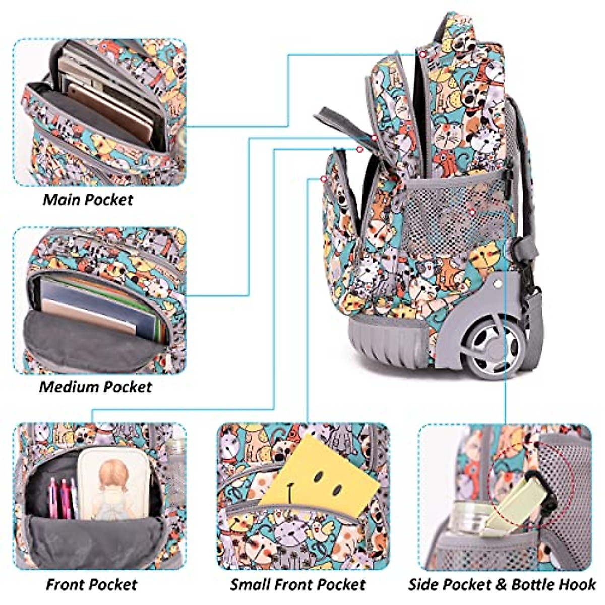 NEW TILAMI 16 Inches Rolling Backpack, Boys&Girls Wheeled Backpack School Travel Student Bag Kids Rolling Backpack, Cat