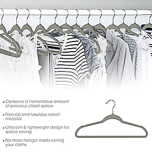 Elama 100 Piece Set of Velvet Slim Profile Heavy Duty Felt Hangers with Stainless Steel Swivel Hooks in Gray