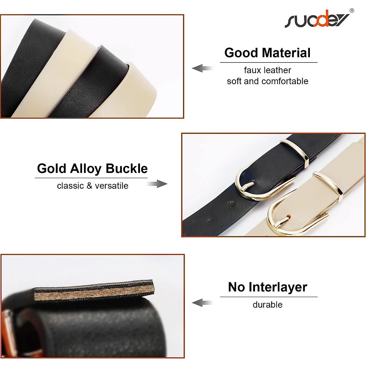SUOSDEY 2 Pack Womens Fashion Leather Belts for Jeans Dresses Pants Black Brown Beige Ladies Belts with Gold Buckle