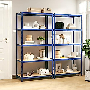 vidaXL - Durable 5-Layer Shelves, 2 pcs, Industrial Style, Galvanized Steel & Engineered Wood, Generous Storage Space, Blue