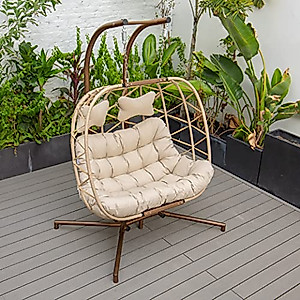 BULEXYARD Outdoor Double Swing Egg Chair with Stand for Bedroom, Indoor 2 Person Hanging Chair Foldable Twins Patio Chair, Large Hand-Woven Wicker Garden Loveseat Hammock Chair w/Cream Thick Cushion