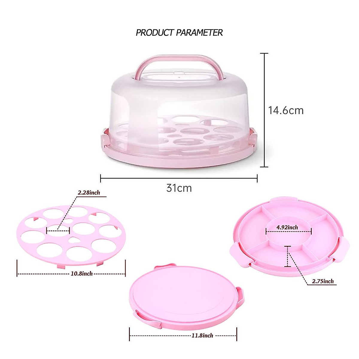 Yoution Cake Box Round Cake Stand with Lid and Foldable Handle. 10 Inch Portable Cake Container Cake Ornaments, Suitable for Storage Birthday Cakes. Cupcakes. Nuts. Fruits (Pink)