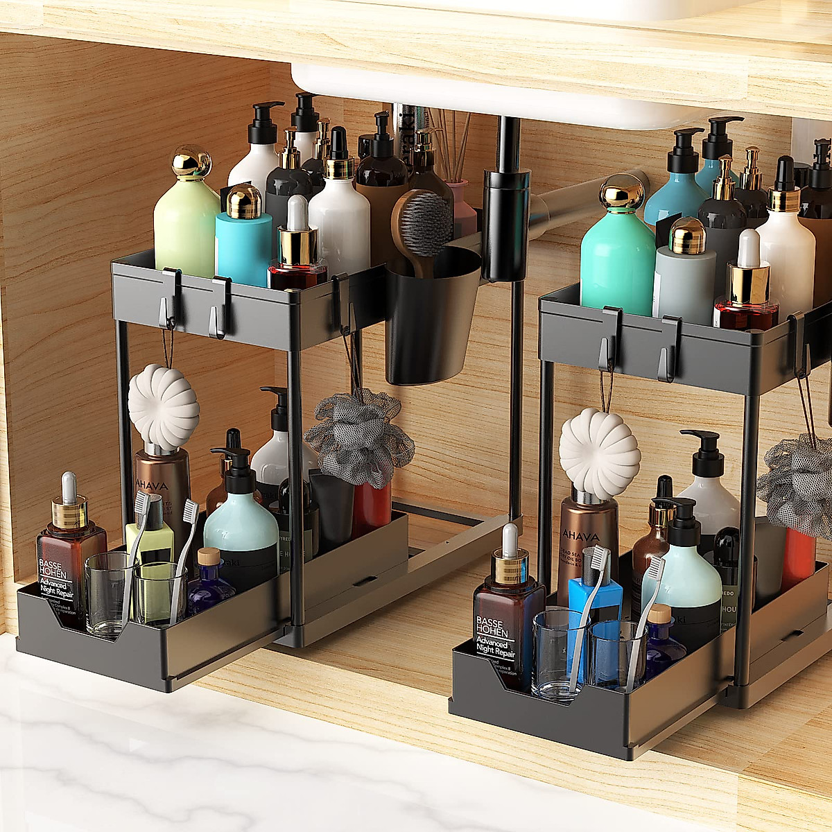 Bugdaben Under Sink Organizer - 2 Tier Sliding Under Cabinet Organizer with Dividers, Hooks and Hanging Cup, Multi-purpose Under Sink Organizers and Storage for Bathroom & Kitchen, 2 Pack