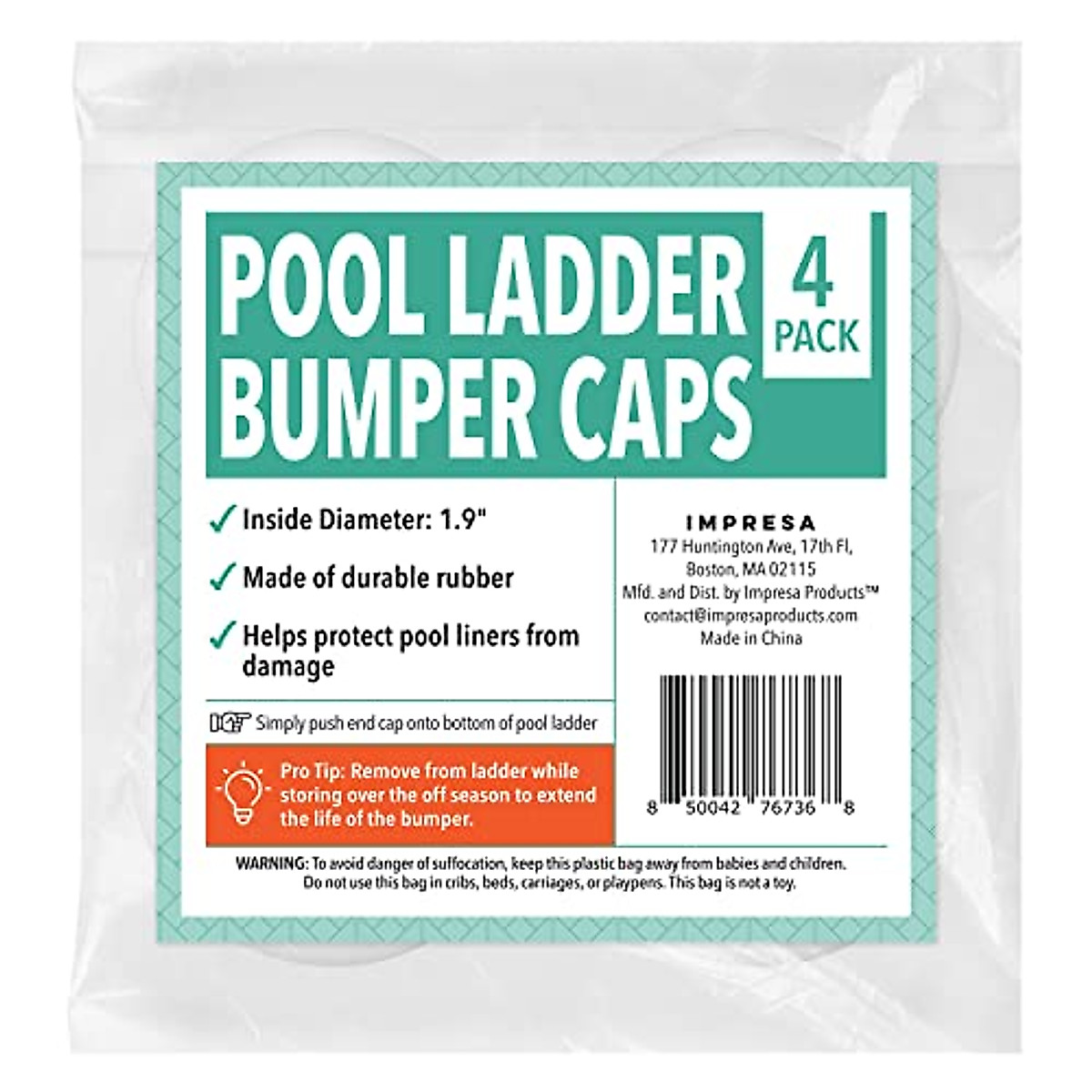 [4 Pack] Pool Ladder Bumpers to Protect Pool Liner - Protective Step Ladder End Cap for Inground Pool - Swimming Pool Ladder Parts - White Rubber End Cap for Swimming Pool Ladder - 1.9” Inner Diameter