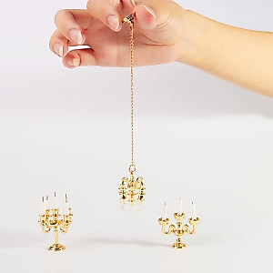3 Pieces Miniature Lamp Candle 1:12 Hanging Lamp Arm Candles Luxury Chandelier Mini Ceiling Light Lamp Mini House Accessories(Gold)
