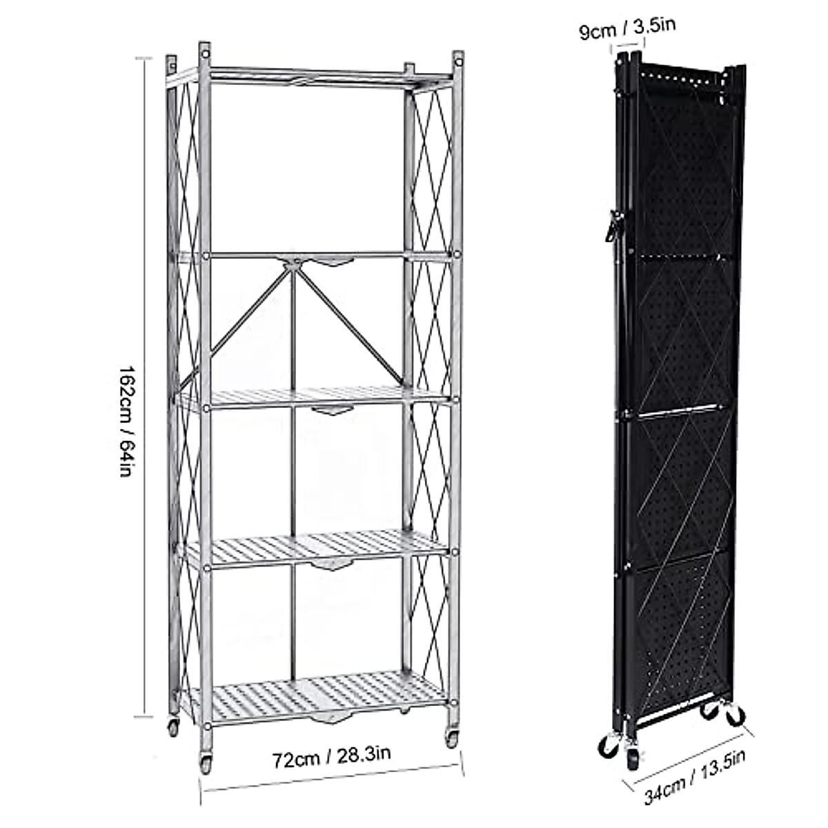 TIOPSUUO 5-Shelf Foldable Storage Shelf Unit on Wheels (No Assembly) Large Capacity Shelving Unit Steel for Kitchen, Garage, Basement, Pantry，Heavy Duty Steel Shelving Organizer Rack