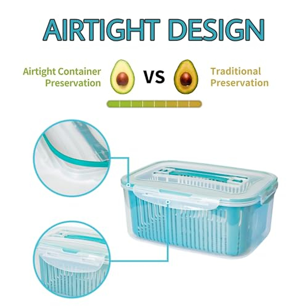 KIGI 5 PACK 204L Vegetable Fruit Storage Containers Set with Drain Basket and Lids for Salad Berry Lettuce Meat Fish