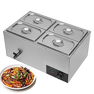 4 Pan Commercial Food Warmer, 19.2 QT Steam Table Food Warmer,600W Warmers for Food Trays Buffet with 86-185°F Temp Control,Steam Table with Lid and Tap for Catering and Restaurants,Silver
