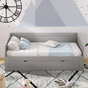 Polibi Extendable Daybed, Wooden Daybed with Trundle Bed and Two Drawers, Convertible Sofa Bed with 2 Storage Drawers, Can be Expanded from Twin Size to King Size (Grey)