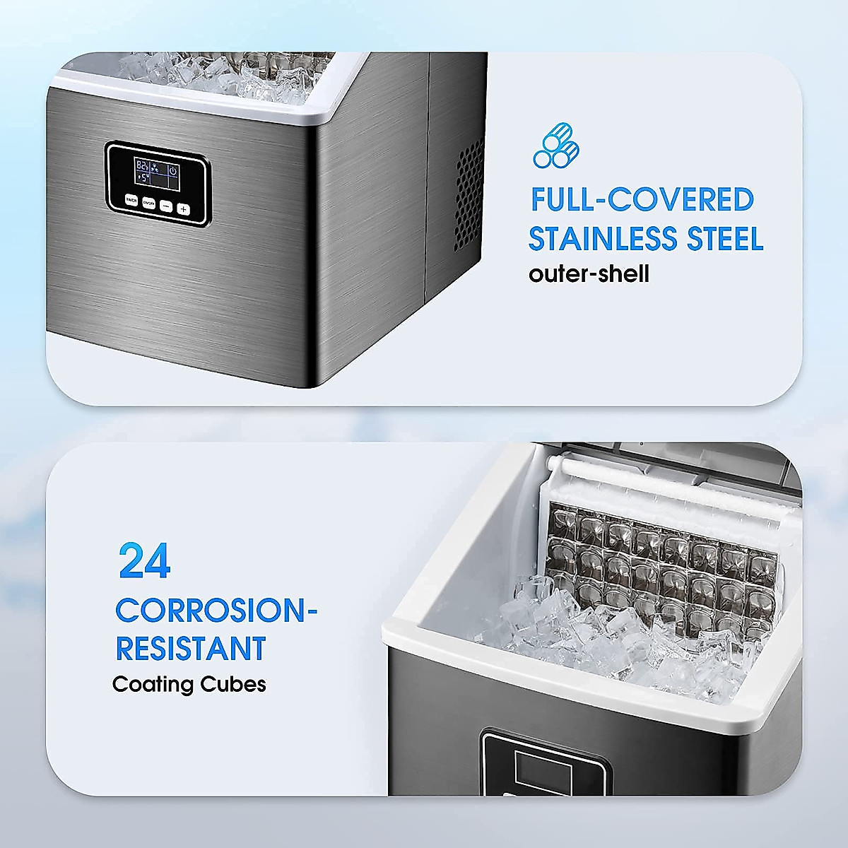 Portable Compact Ice Maker Machine Countertop With Scoop & Basket, 40Lbs/24H Auto Self-Cleaning,24 pcs Ice Cube in 13 Mins, ,Stainless Steel, Perfect for Home/Kitchen/Office/Bar (Black)