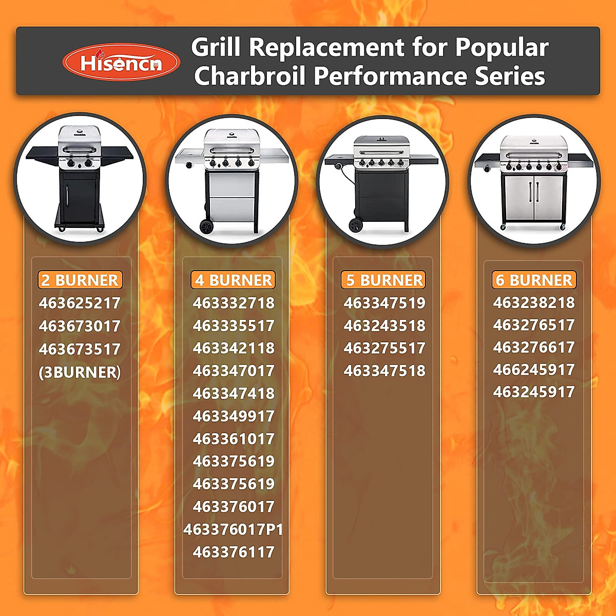 Hisencn Grill Replacement Parts for Charbroil Performance 475 4 Burner 463347017 463377319 463376017 463335517 463342119 463347418 G470-5200-W1 Burner G470-0004-W1A Heat Plates and Cooking Grates