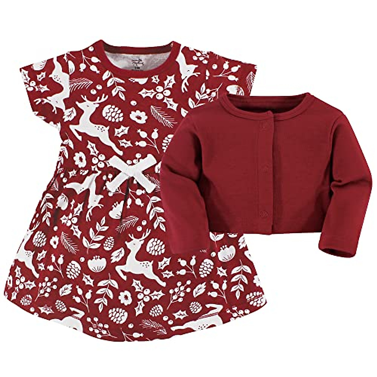 Touched by Nature Baby Girl's Organic Cotton Dress and Cardigan, Red Winter Folk, 9-12 Months