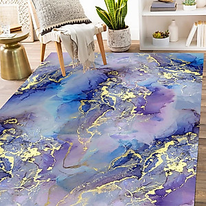 Marble Abstract Indoor Outdoor Area Rug 8x10 Purple Blue Gold Modern Aesthetic Rug for Livingroom Bedroom Luxury Art Decor Diningroom Office Floor Carpet Rug Runner