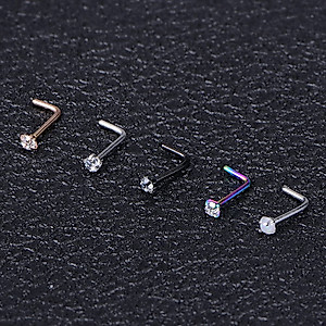 MODRSA Nose Rings 20g Nose Rings Studs L Shape Nose Piercings Stainless Steel Nose Rings Hoops Diamond Heart Hypoallergenic Nostril Nose Piercing Jewelry for Women Men Silver Rose Gold Black Rainbow