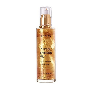 Liyalan Shimmer Body Oil Rose Gold 4 Color Bronze Face Brighten Glow Pearl Highlighter Illuminator Body Makeup Shine Glitter Gold Liquid Taning(2.8 Fl Oz/#02)