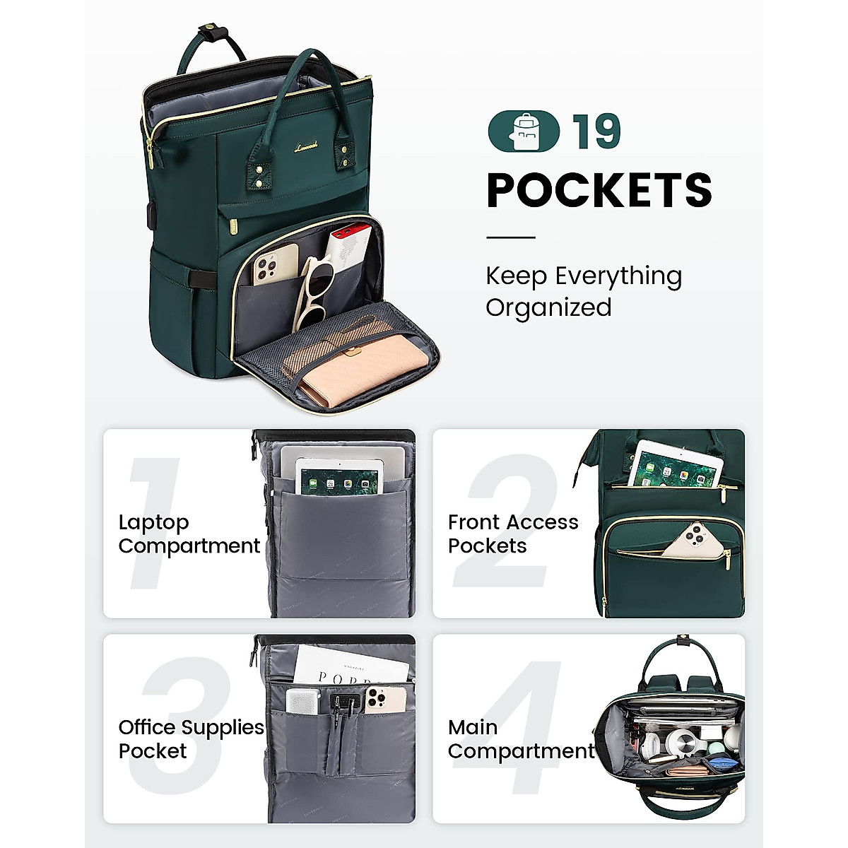 LOVEVOOK College Laptop Backpack, 15.6 Inch Travel Backpack for College, Waterproof Work Backpack Woman for Teacher Nurse Anti-theft Travel Back Pack, Gifts for Women,Dark Green