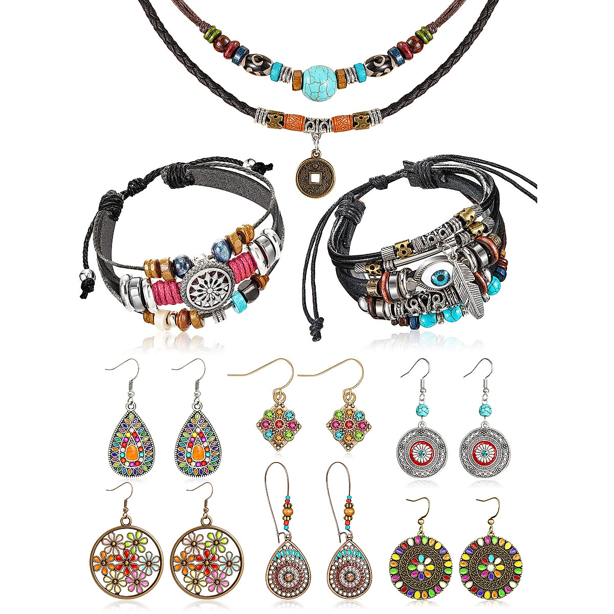 Hicarer 9 Pieces Bohemian Vintage Dangle Earrings Set Boho Retro Rhinestone Drop Earrings Multi-layer Beaded Leather Bracelet and Turquoise Bead Necklace Jewelry for Women