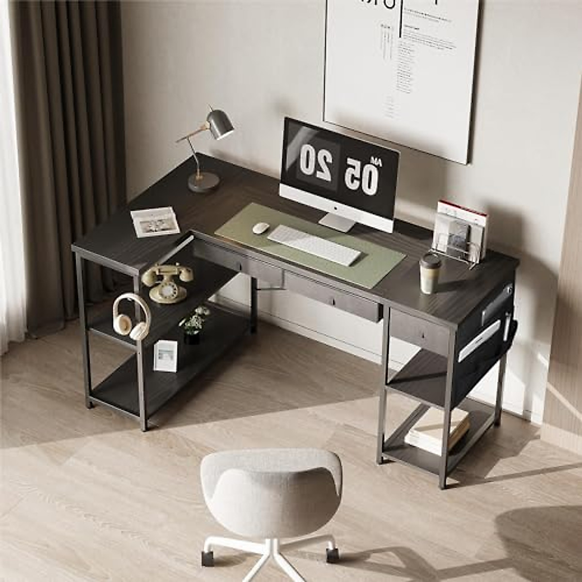 Ｍａｉｈａｉｌ Maihail Home Office Desk with Drawers and Shelves, 55” Computer Corner Desk for Small Space, Small L Shaped Desk with Side Storage for Bedroom, Black