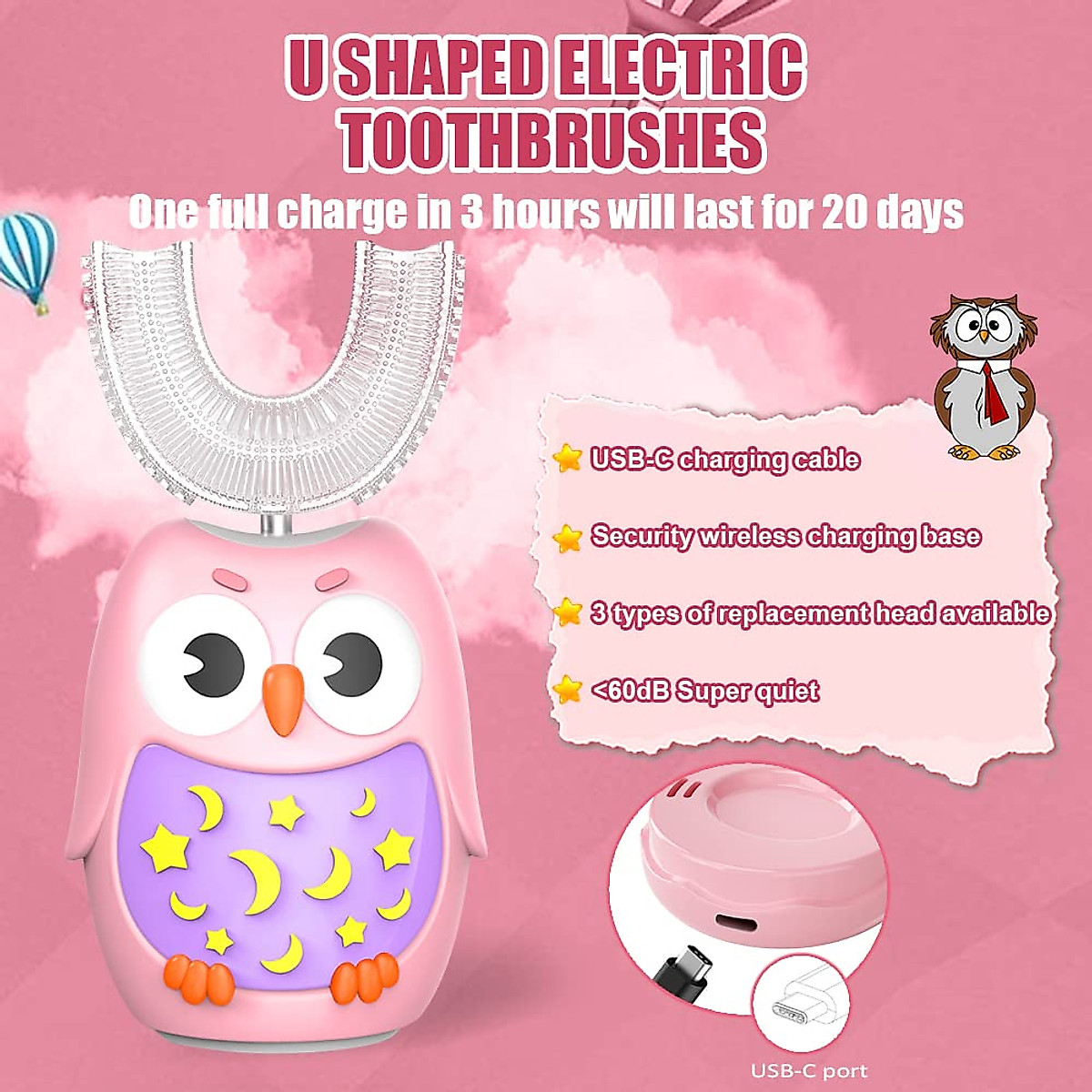 AUITRONCARE Kids Toothbrush Electric, Toddler Electric Toothbrush Ultrasonic Toothbrush 360° Cleaning U Shaped Toothbrush Come with 3 Brushing Heads and Cup for Toddlers & Children (Owl-Pink)