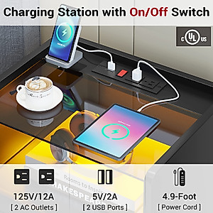 AOGLLATI LED Nightstand with Charging Station, Night Stand with Pull-Out Tray, 2 Drawers, Bedside Table with LED Lights, Modern End Table with USB Ports Outlets, Black