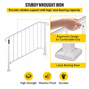 VEVOR Handrail for Outdoor Steps, 3-4 Steps White Fence Outdoor Handrail, Adjustable Metal Staircase Handrail, Thickened Stair Railings for Porch Railing, Deck Handrail