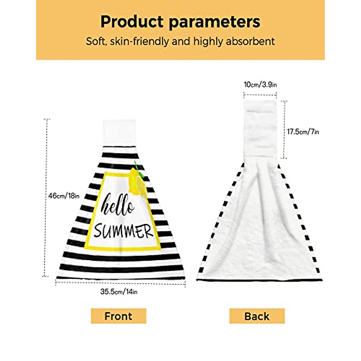 Ldtrchee Hello Summer Lemon Yellow Lace Hand Towel with Hanging Loop, Black White Stripes Fruit Hanging Tie Towels Set 1 Pcs, Kitchen Absorbent Towel for Bathroom Tea Bar Laundry