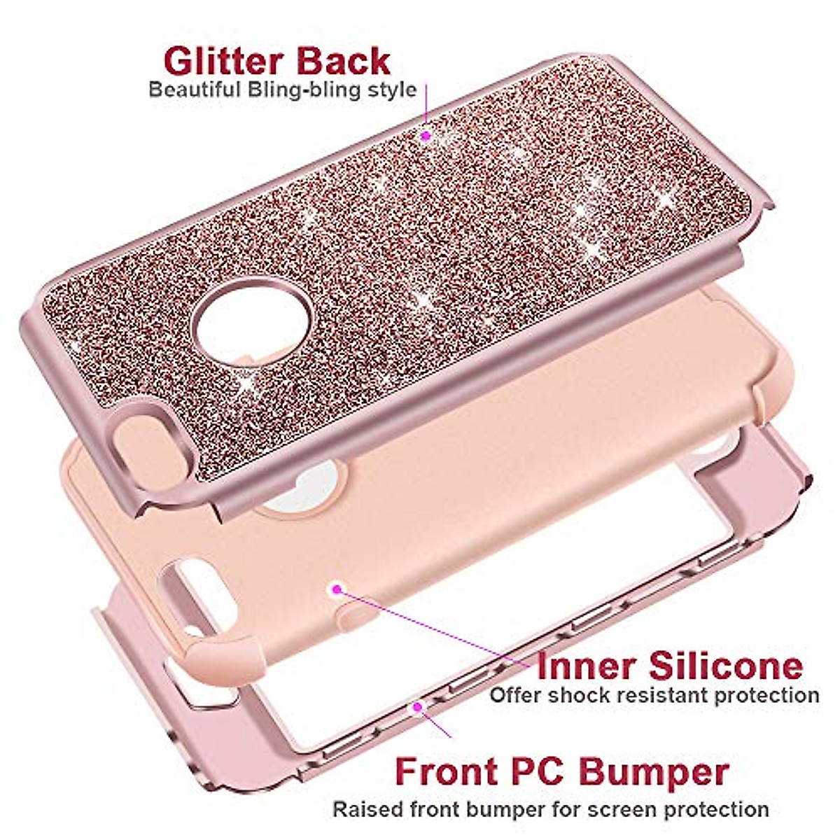 Hython Compatible with iPhone 6/6s Case, Heavy Duty Full-Body Defender Protective Case Bling Glitter Sparkle Hard Shell Hybrid Shockproof Rubber Bumper Cover for iPhone 6 and 6s 4.7-Inch, Rose Gold