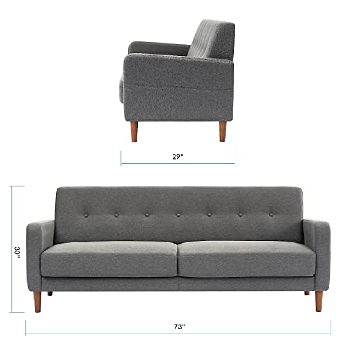 Mellow Adair Mid-Century Modern Sofa Couch with Armrest Pockets, Tufted Linen Fabric, Dark Heather Grey