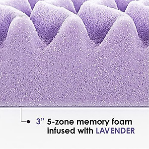 Mellow 3 Inch 5-Zone Memory Foam Mattress Topper, Soothing Lavender Infusion, Queen