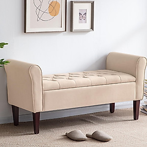 HUIMO 48" Arm Storage Ottoman with 7.5-inch Solid Wood Legs, Storage Bench, Upholstered Window Sitting Bench for Bedroom,End of Bed Bench Indoor, Livingroom, Entryway,Tan