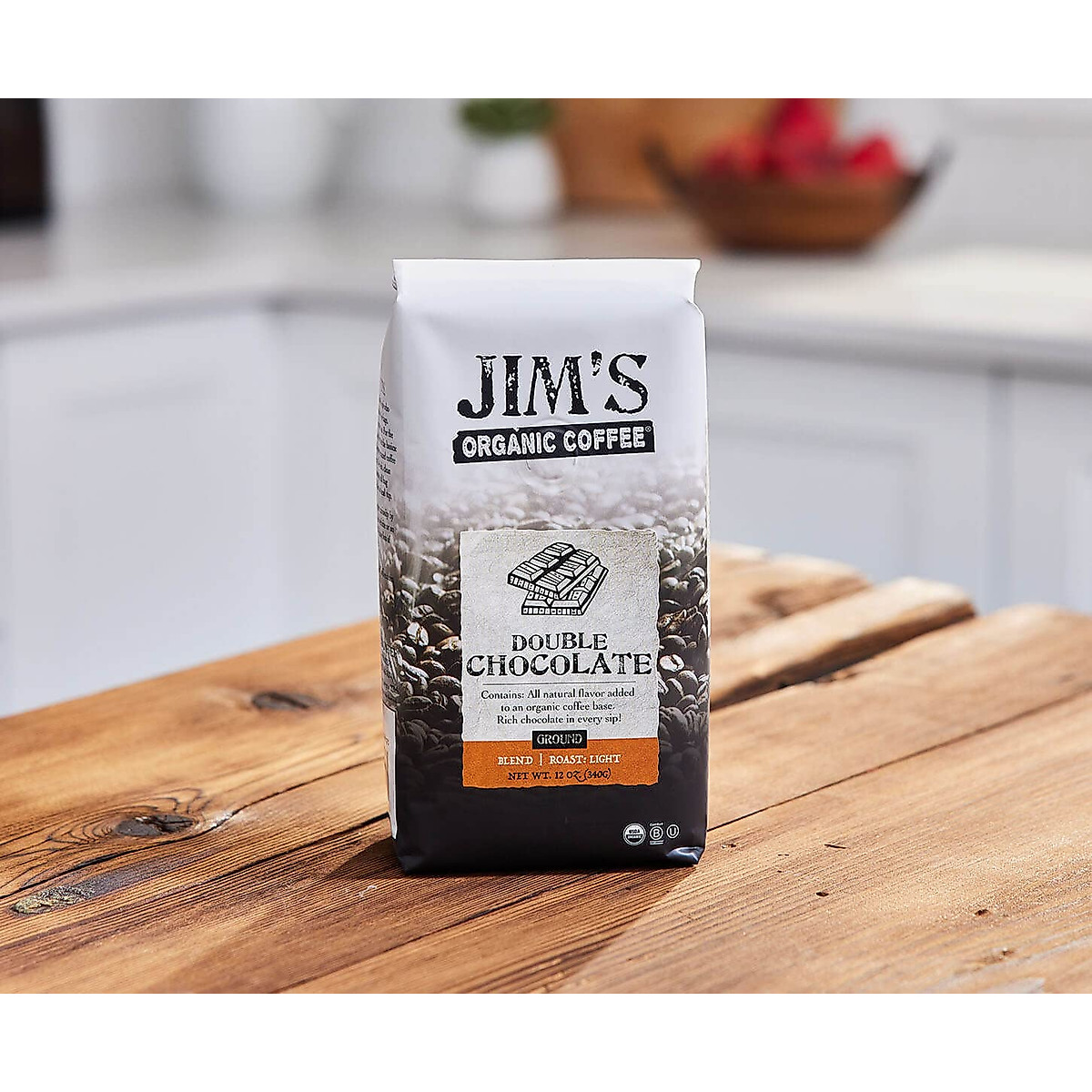 Jim’s Organic Coffee – Double Chocolate, All Natural Flavored Blend – Light Roast, Ground Coffee, 12 oz Bag