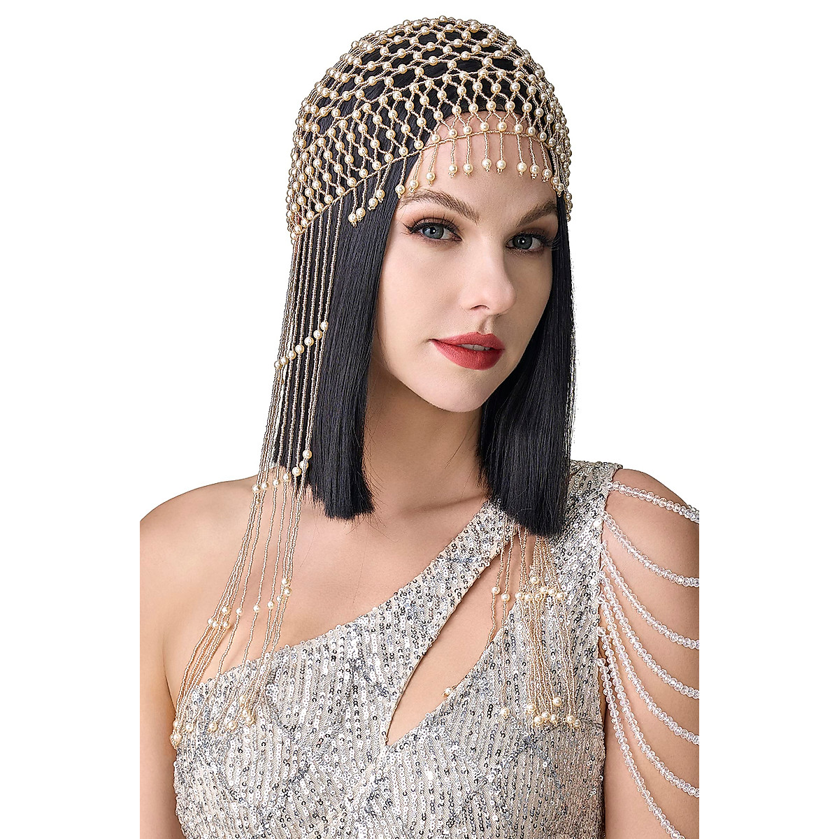 BABEYOND 1920s Pearl Flapper Cap Headpiece Roaring 20s Gatsby Pearl Head Chain (Rose Gold)