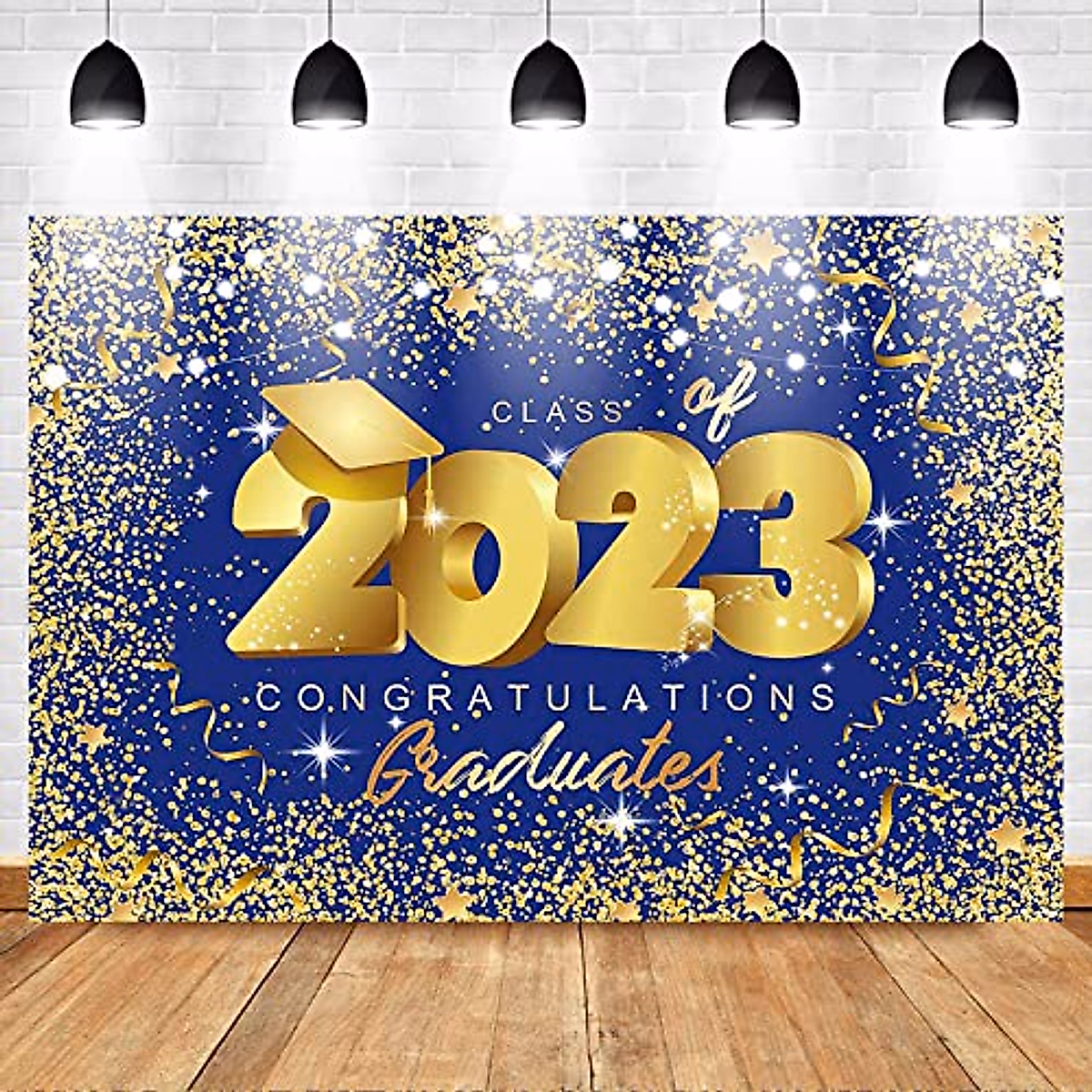 Mocsicka Class of 2023 Backdrop 7x5ft Royal Blue and Gold Glitter Congrats Grad Party Photo Backdrops Graduation Party Photography Studio Background
